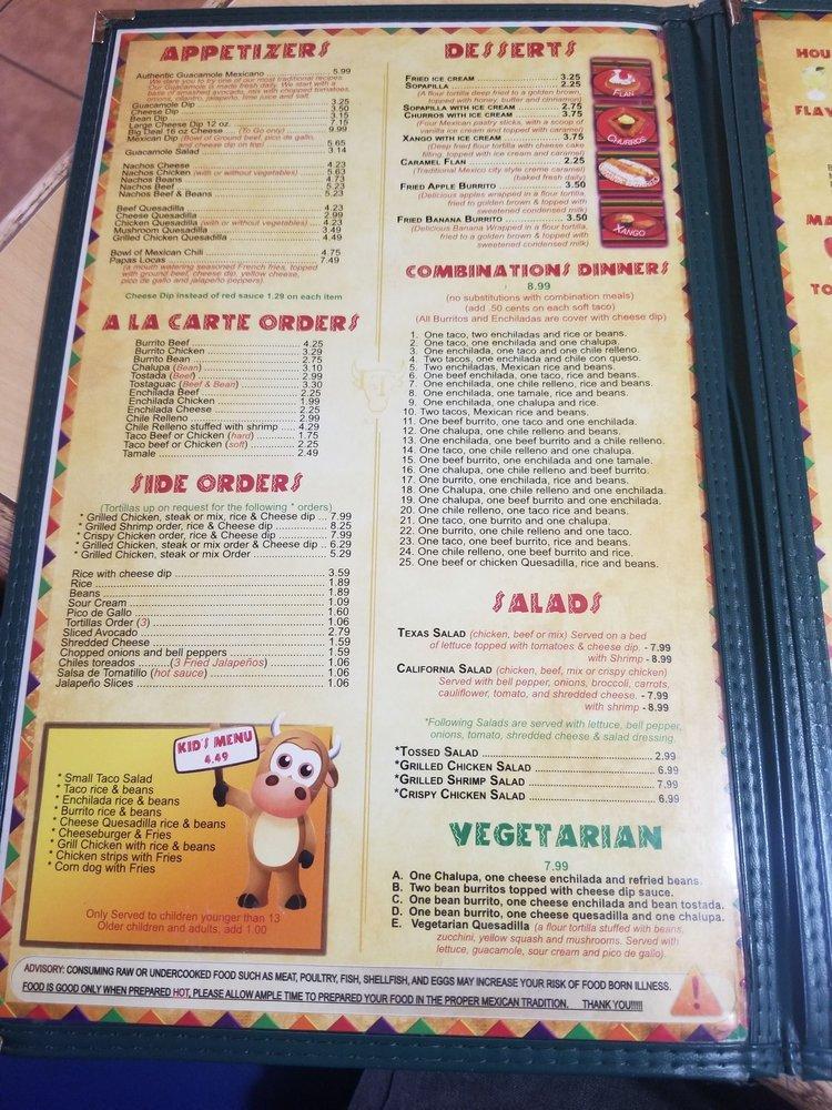 Menu at Los Toros restaurant, Guntown, MS-145