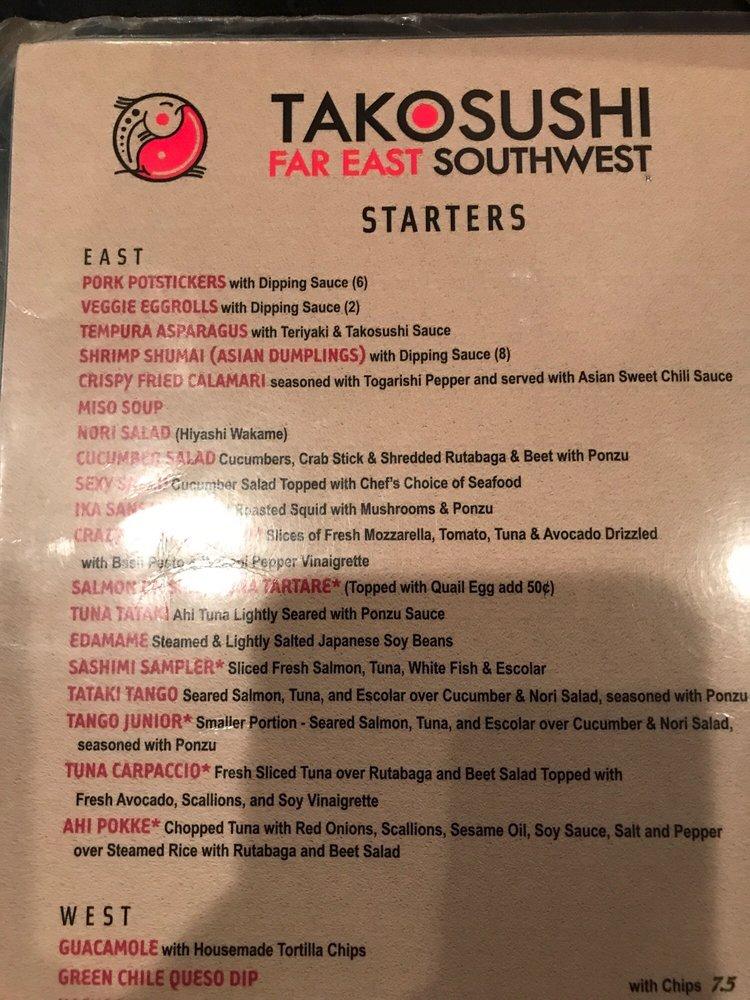 Menu at Takosushi restaurant, Aiken