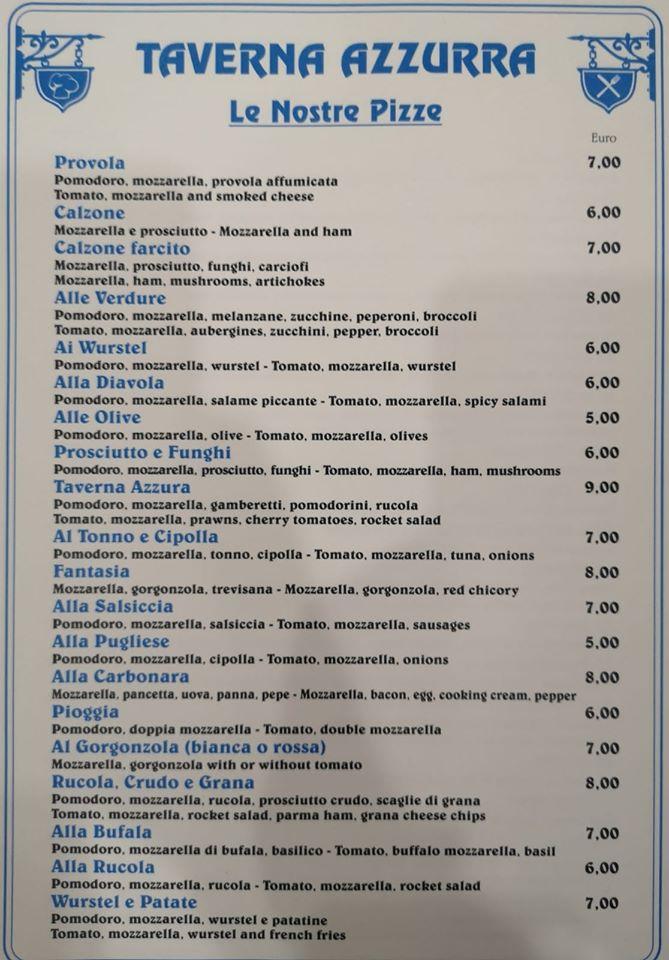 Menu at Taverna Azzurra restaurant, Rapallo