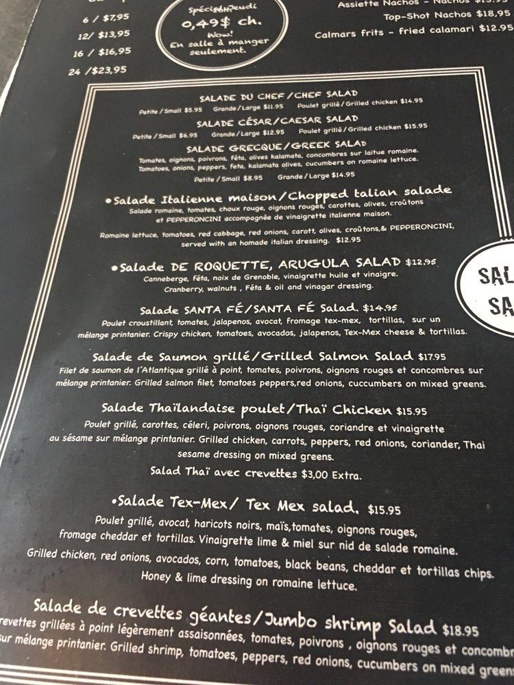 Menu au Resto Bar Top Shot, Lachute