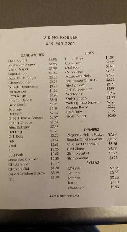 Menu at Viking Korner restaurant, Leipsic