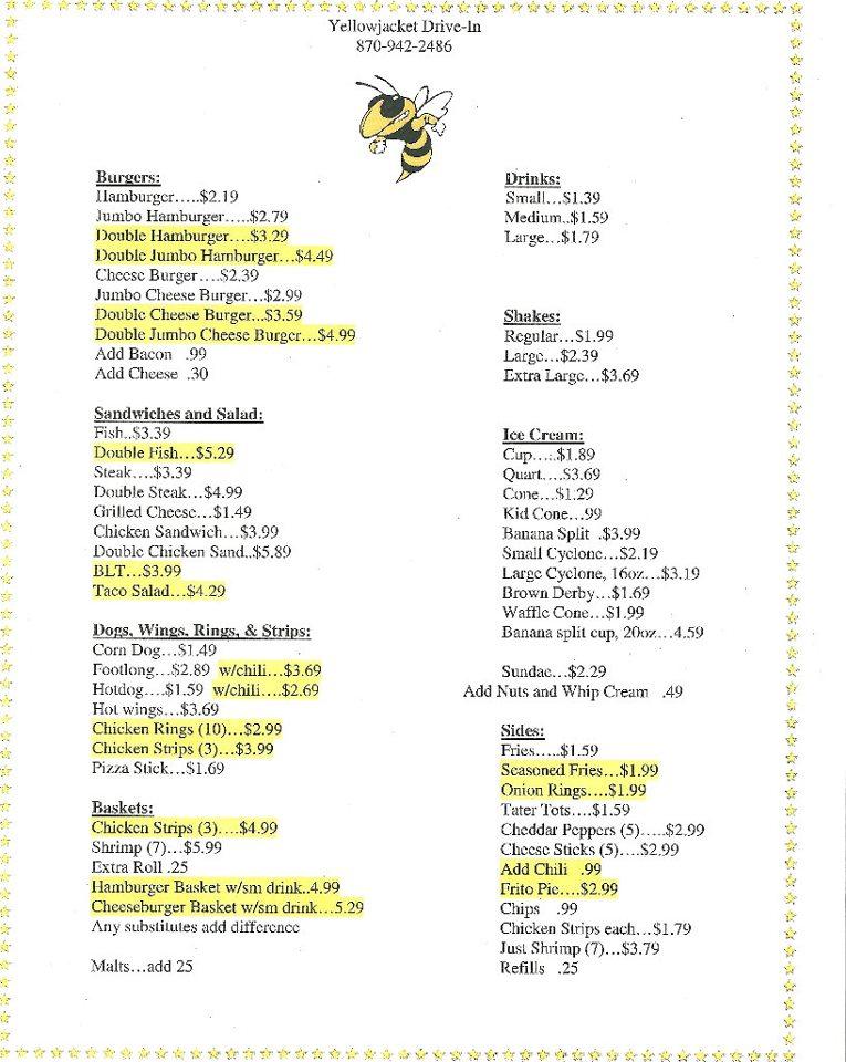 Menu at YellowJacket Drive In fast food, Sheridan