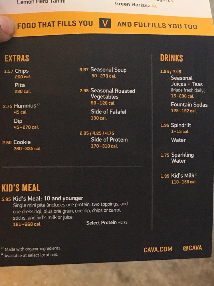 Menu at CAVA restaurant, Chapel Hill