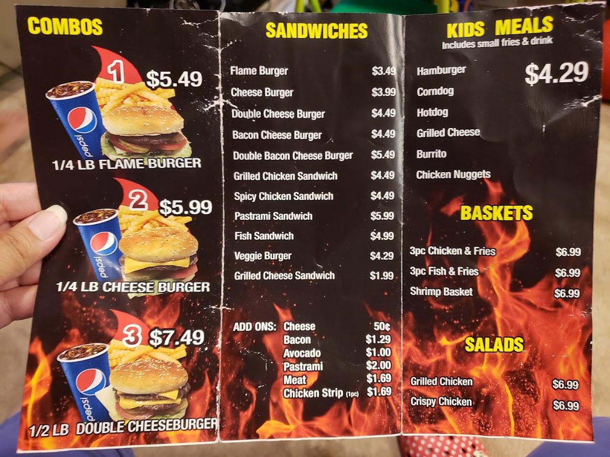 Menu at Flame It Burgers fast food, Fresno