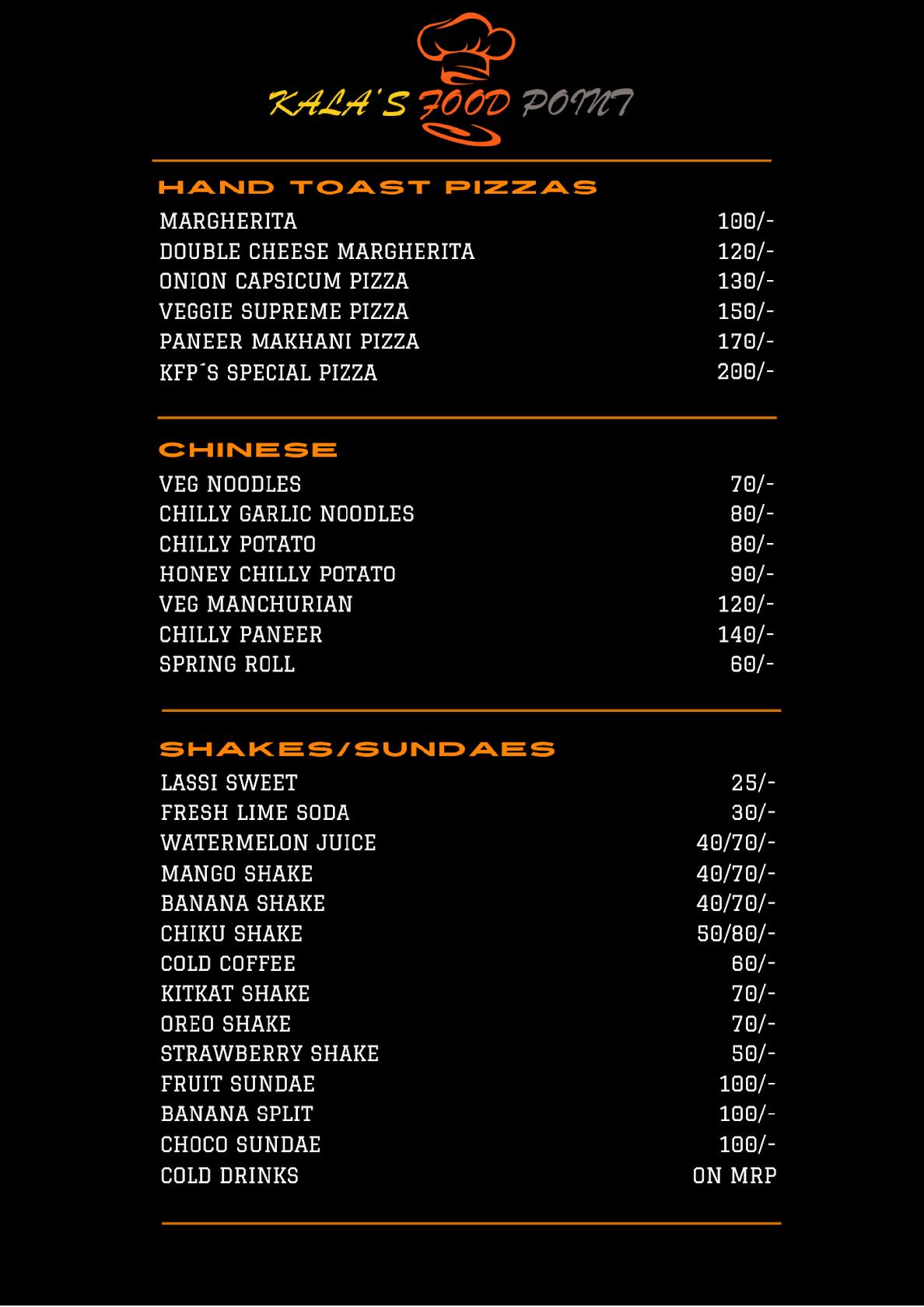 Menu at Kala's Food Point, New Delhi