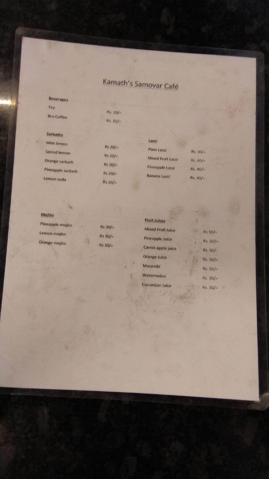 Menu at Kamath's Samovar cafe, Ernakulam