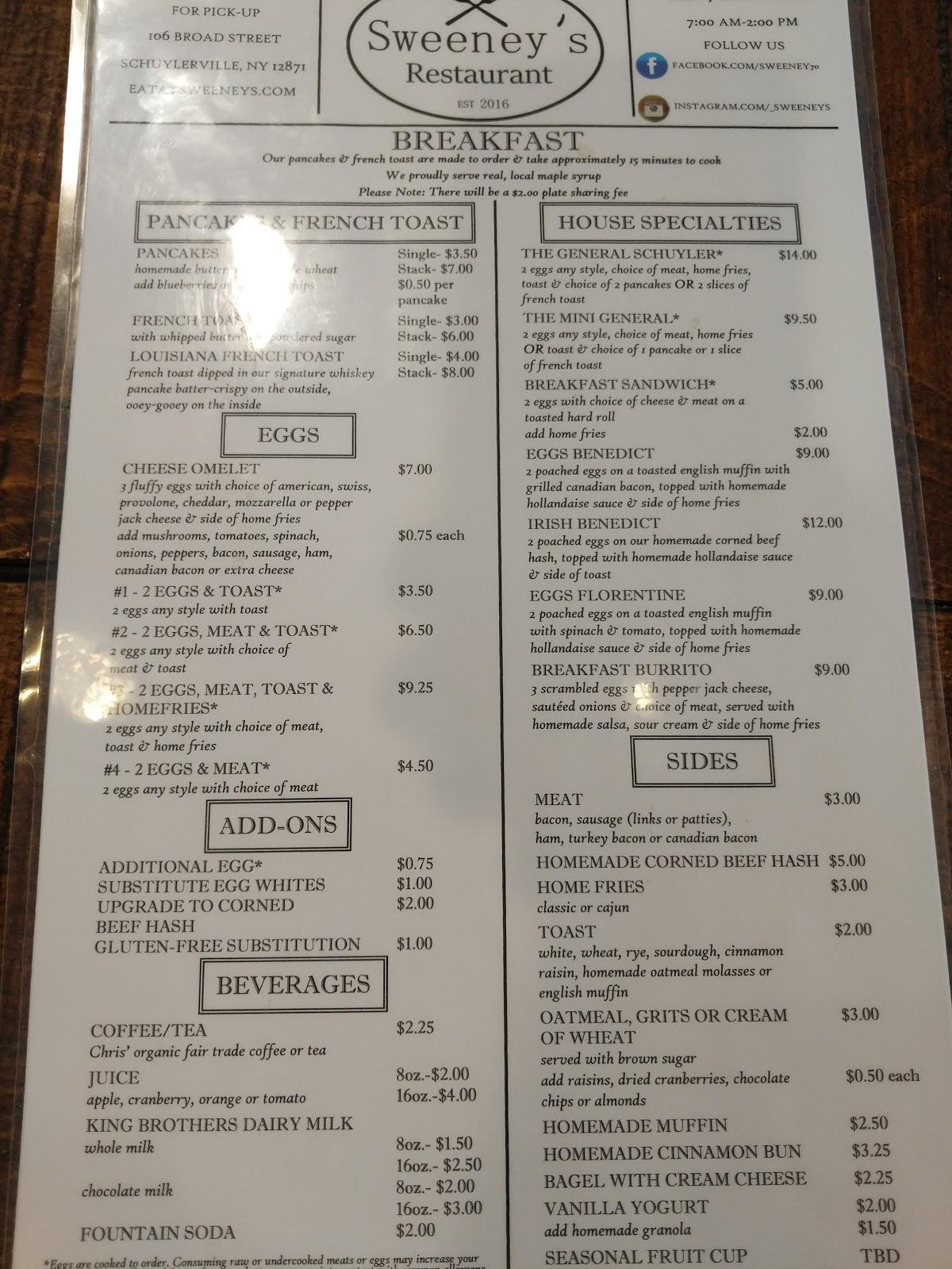 Menu at Sweeney's restaurant, Schuylerville, 106 Broad St
