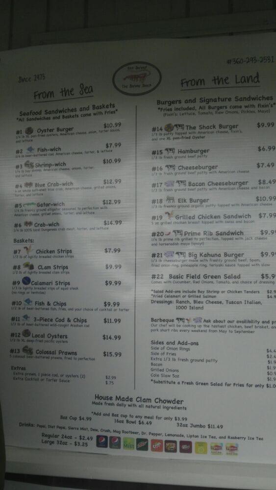 Menu at The Shrimp Shack restaurant, Anacortes