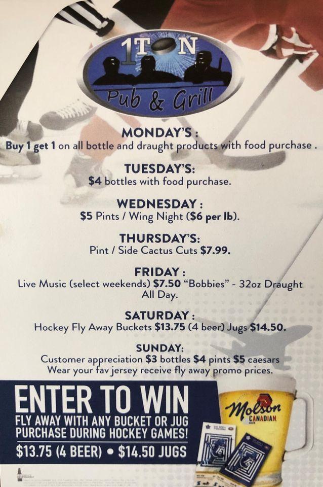 Menu at 1 Ton Pub, Channel-Port aux Basques