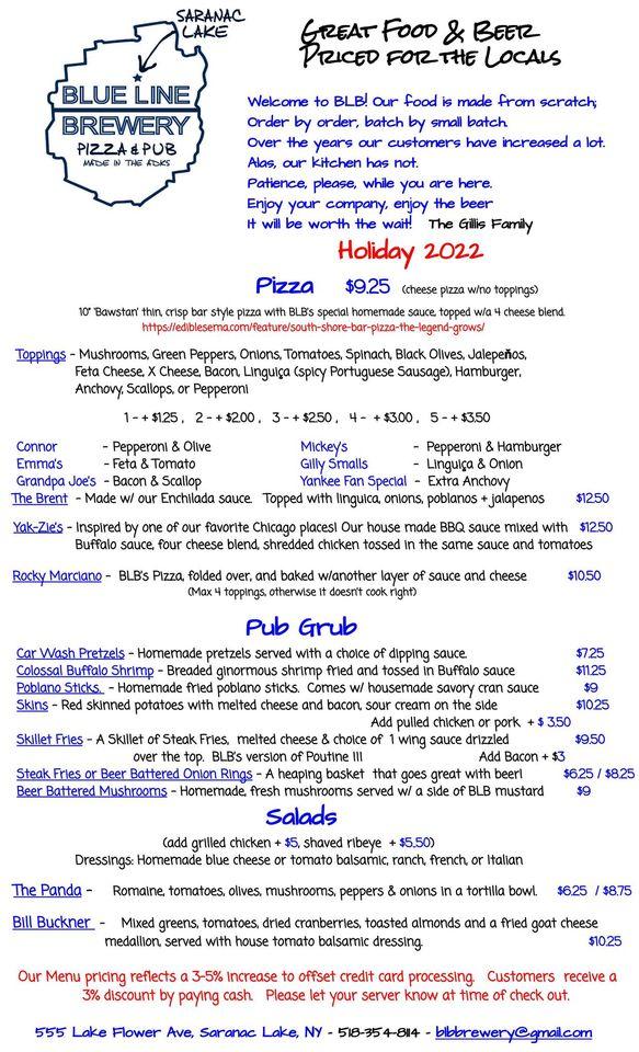 Menu at Blue Line Brewery Pizza & Pub, Saranac Lake
