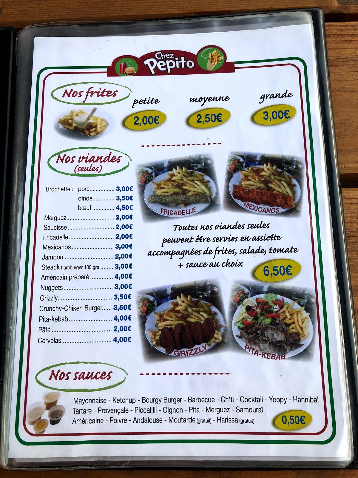 Menu au Chez Pepito fast food, Béthune