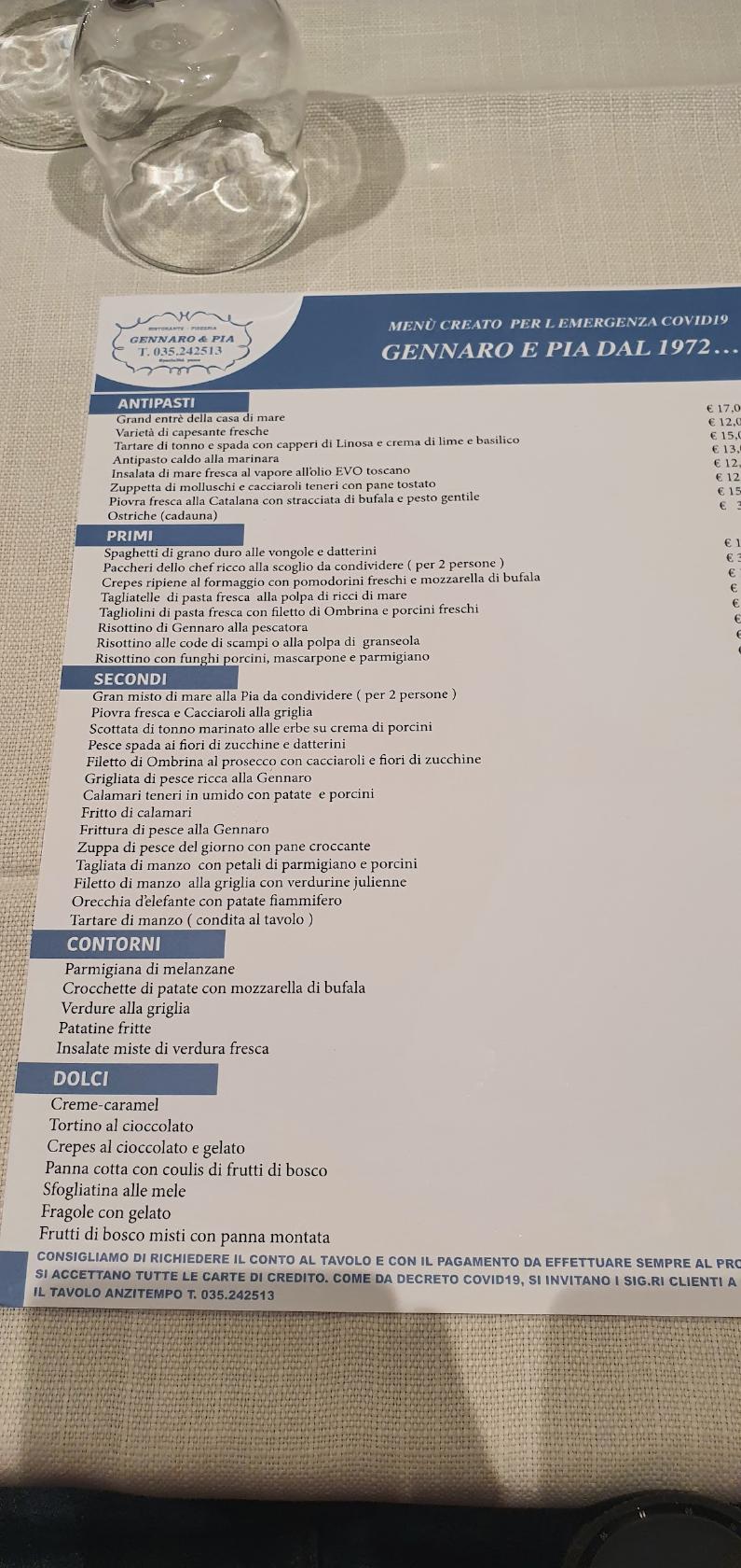 Menu da Ristorante Gennaro E Pia, Bergamo