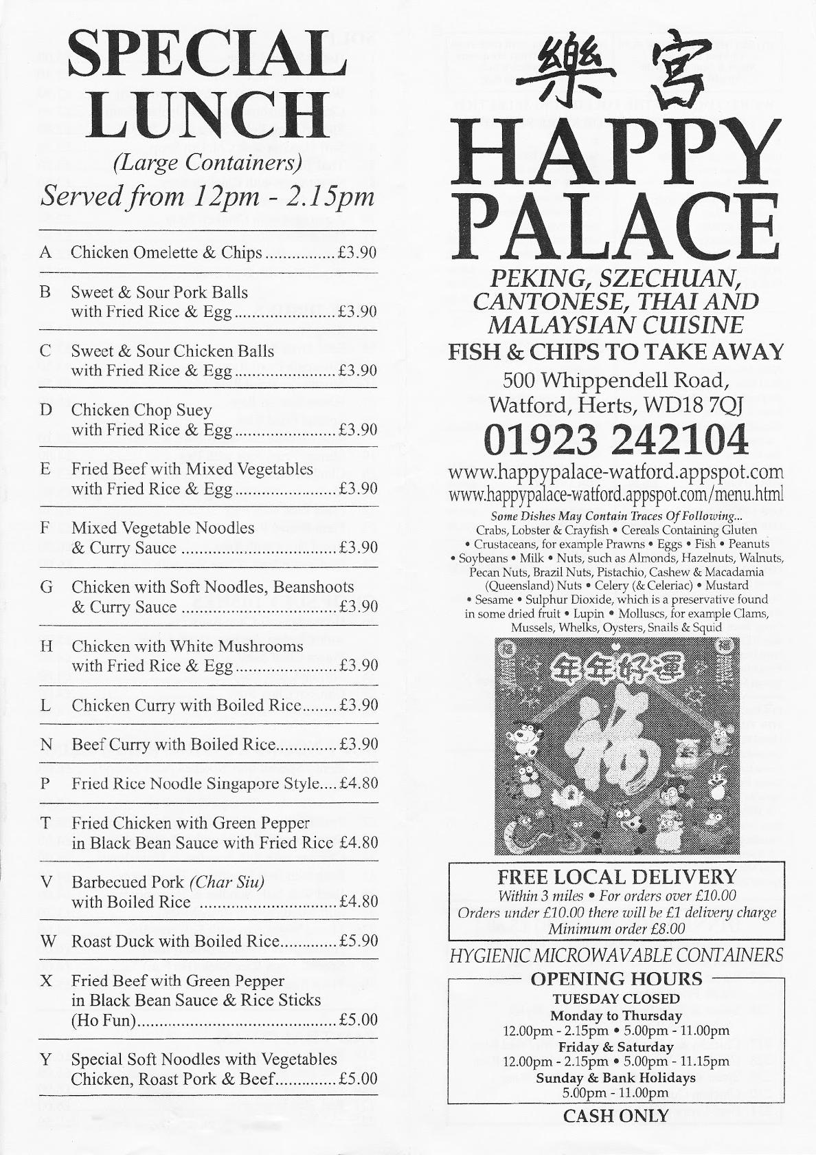 Menu at Happy Palace fast food, Watford, 500 Whippendell Rd