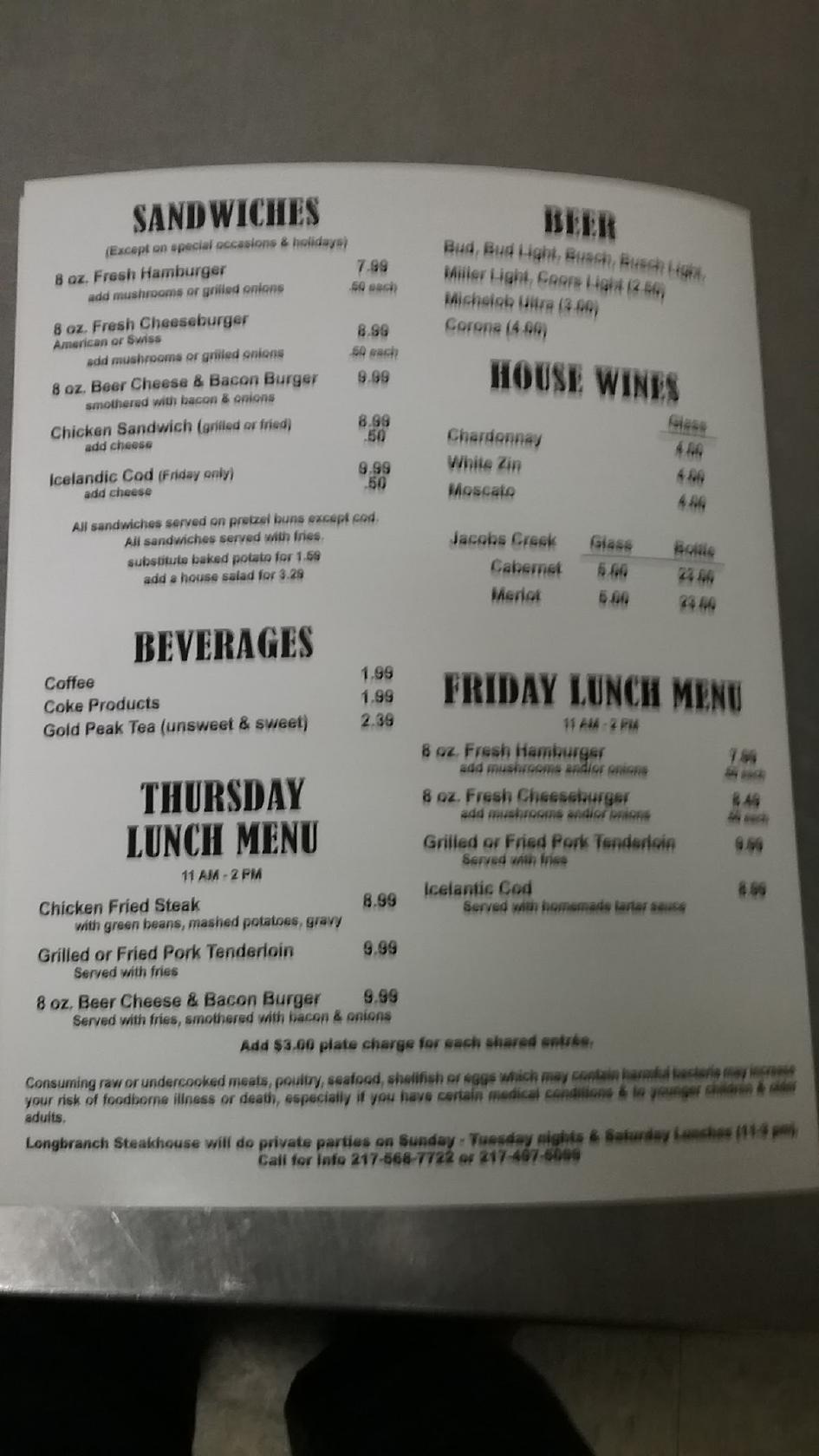 Menu at Longbranch Steakhouse, Gifford