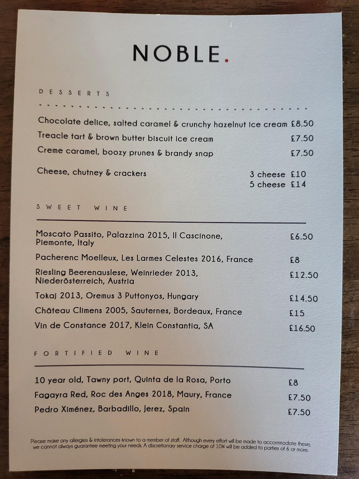 Menu at Noble restaurant, Holywood