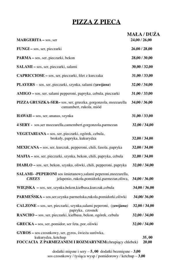 Menu at Players Dobra restauracja Imprezy okolicznościowe Obiady ...