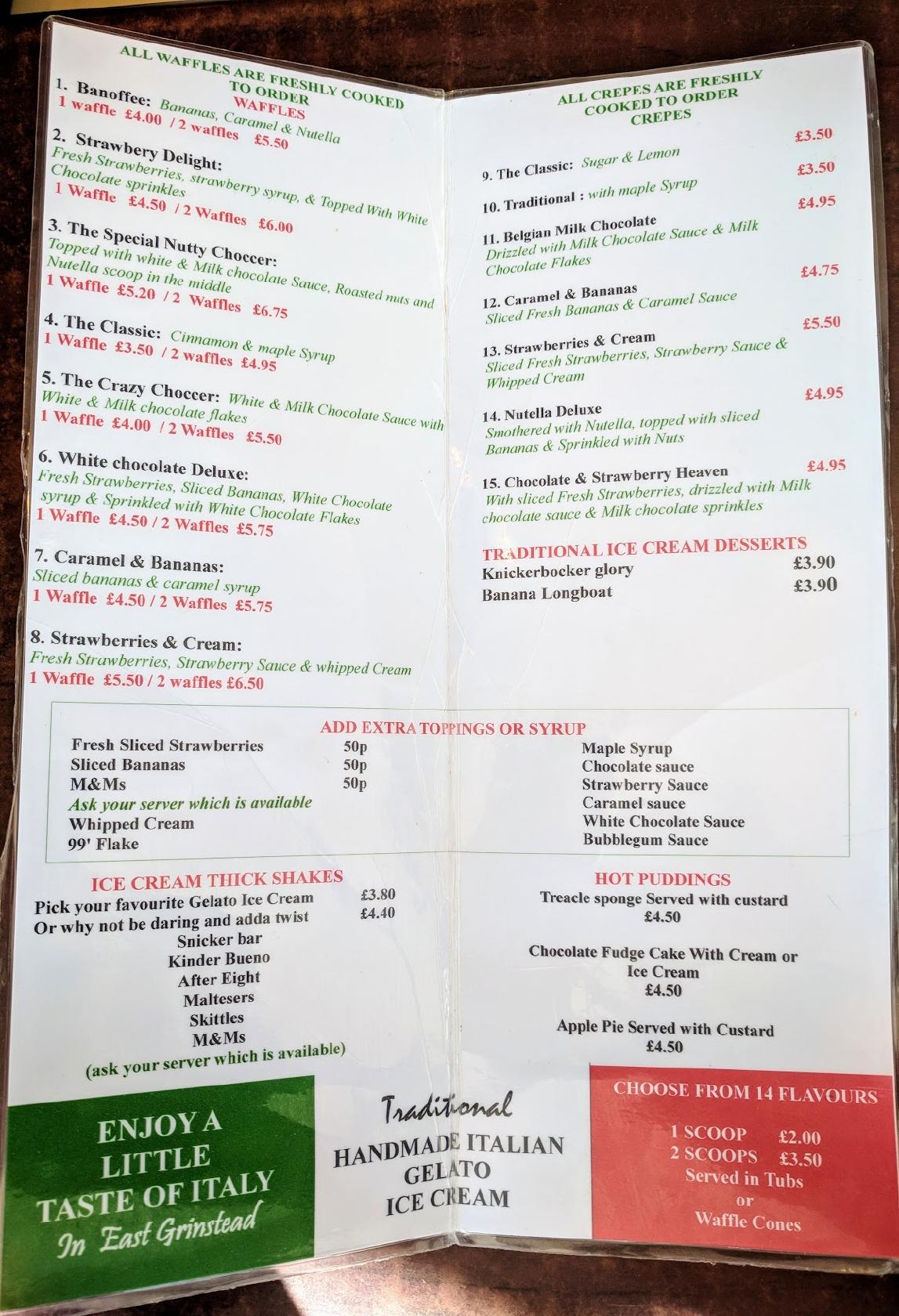 Menu at Rialto cafe, East Grinstead