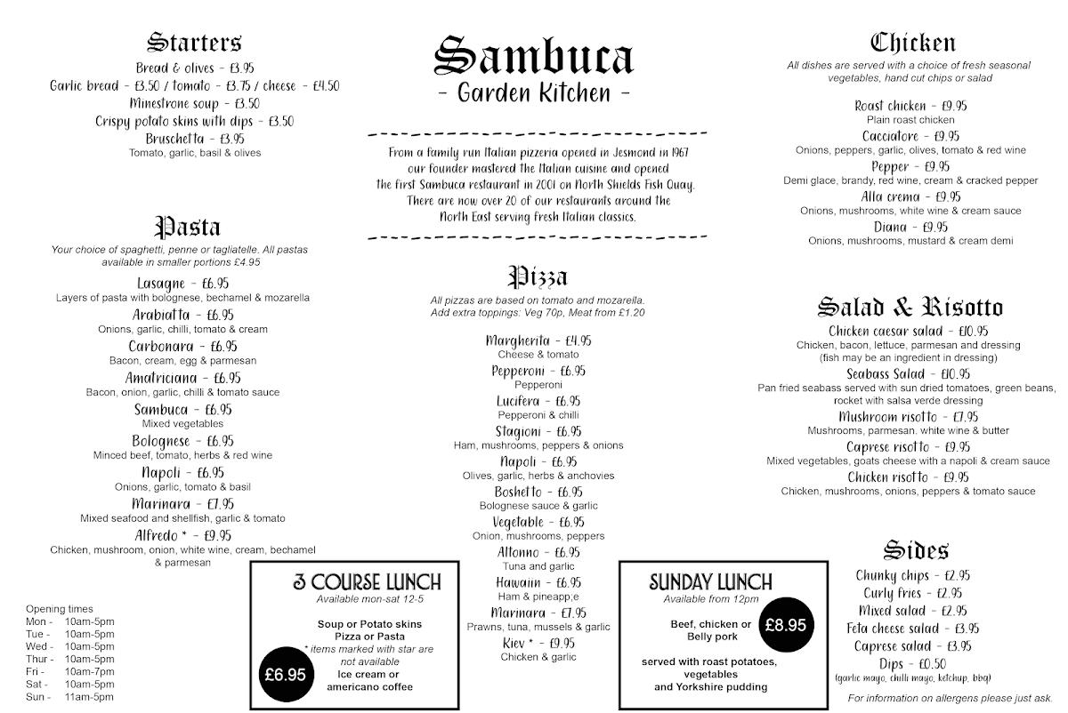 Menu at Sambuca - Eldon Garden restaurant, Newcastle upon Tyne