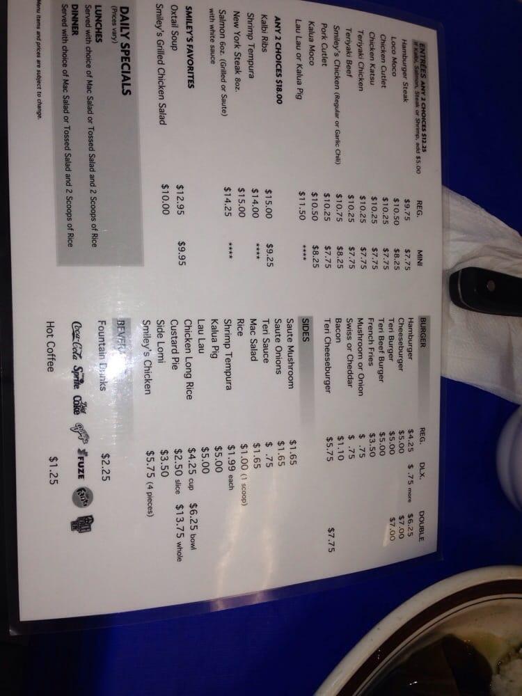Menu at Smiley's Local Grinds restaurant, Lihue