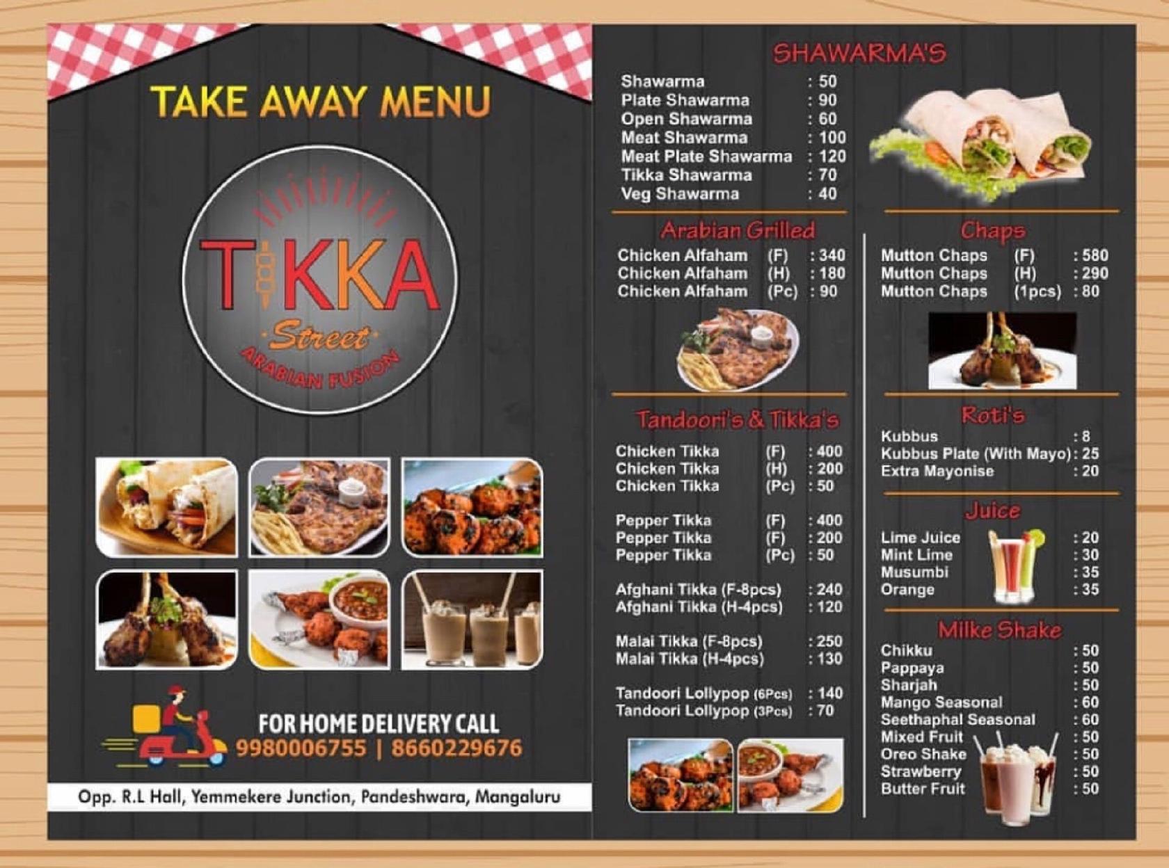 Menu at Tikka Street, Arabian Fusion, Mangaluru