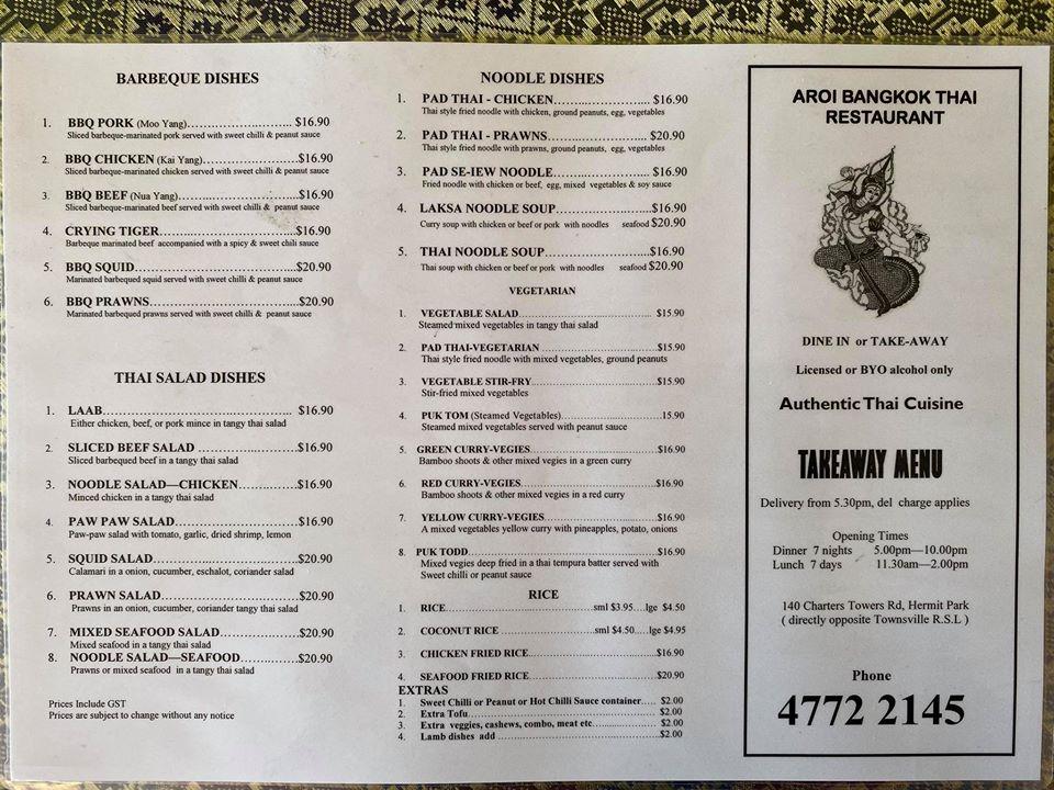 Menu at Aroi Bangkok Thai Restaurant, Townsville
