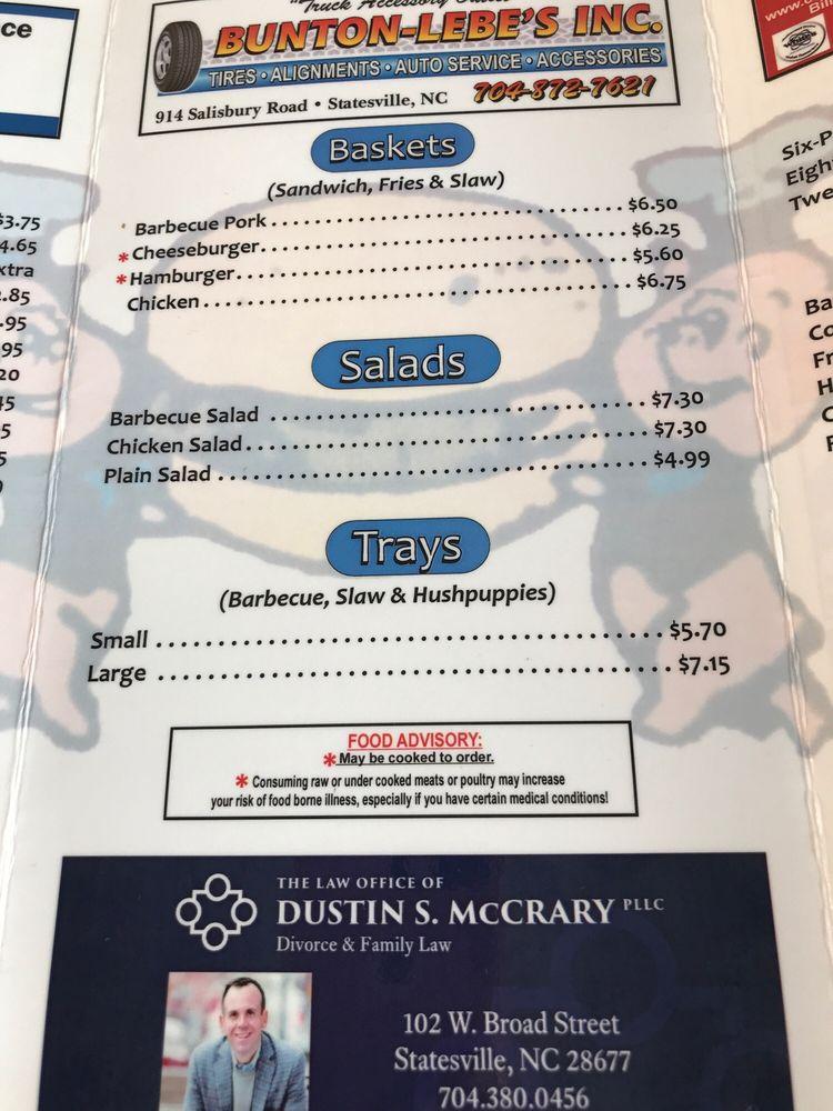 Menu at Little Pigs Barbecue, Statesville