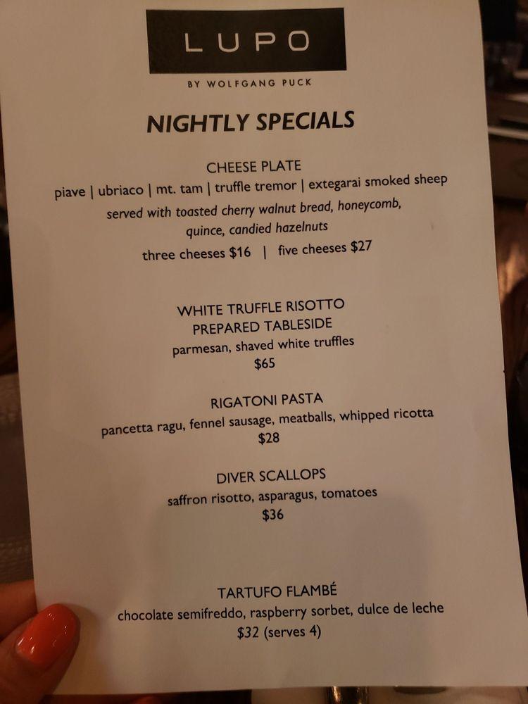 Menu at Lupo by Wolfgang Puck restaurant, Las Vegas, 3950 S Las Vegas Blvd
