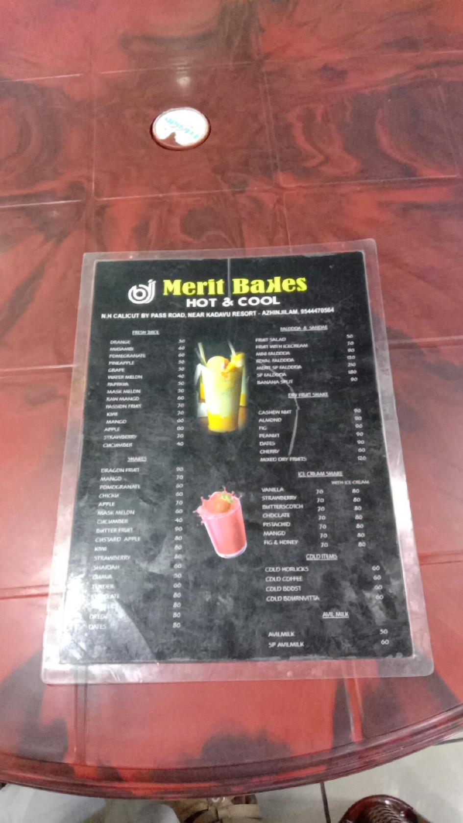 Menu at Merit Bakes, Ramanattukara