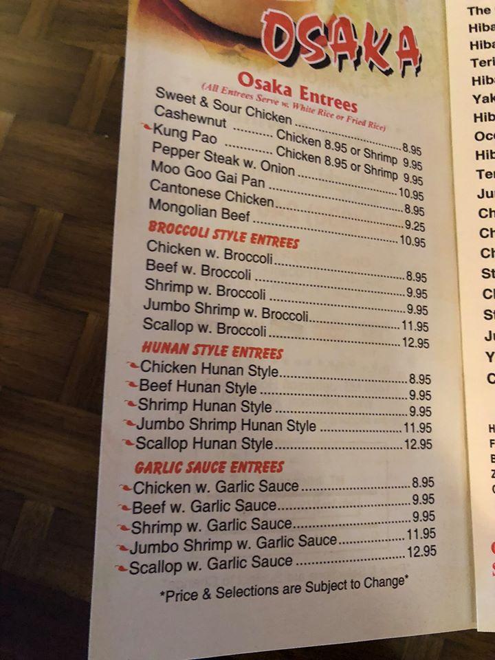 Menu at Osaka restaurant, West Jefferson