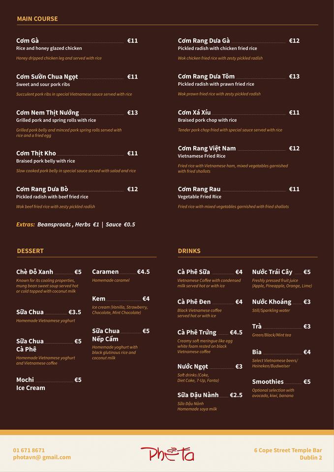 Menu at Pho Ta restaurant, Dublin