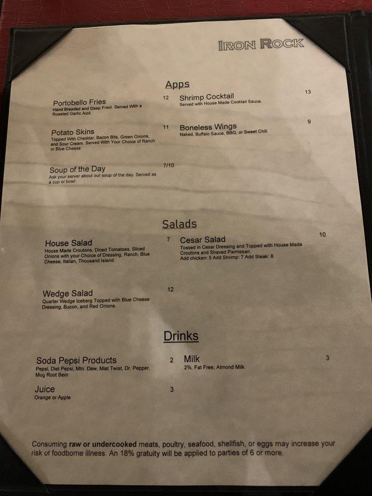 Menu at iron rock steakhouse, Brian Head