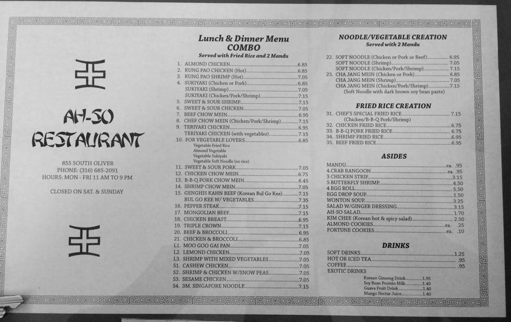 Menu at Ah-So Oriental Restaurant, Wichita, 855 Oliver