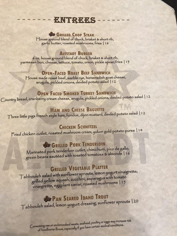 Menu at Altstadt Brewery restaurant, Fredericksburg