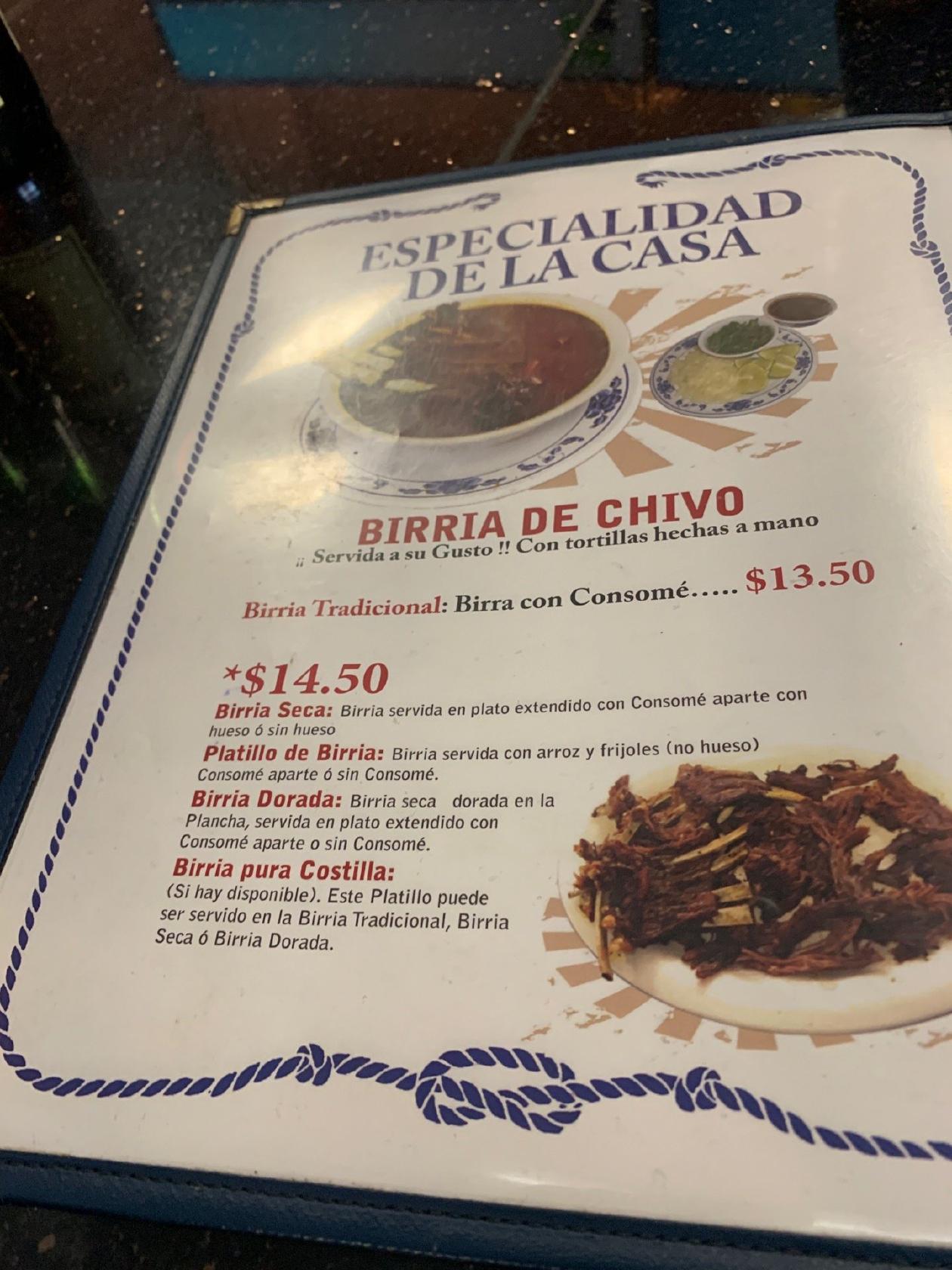 Menu at Birrieria Tepa restaurant, San Jose, Alum Rock Ave