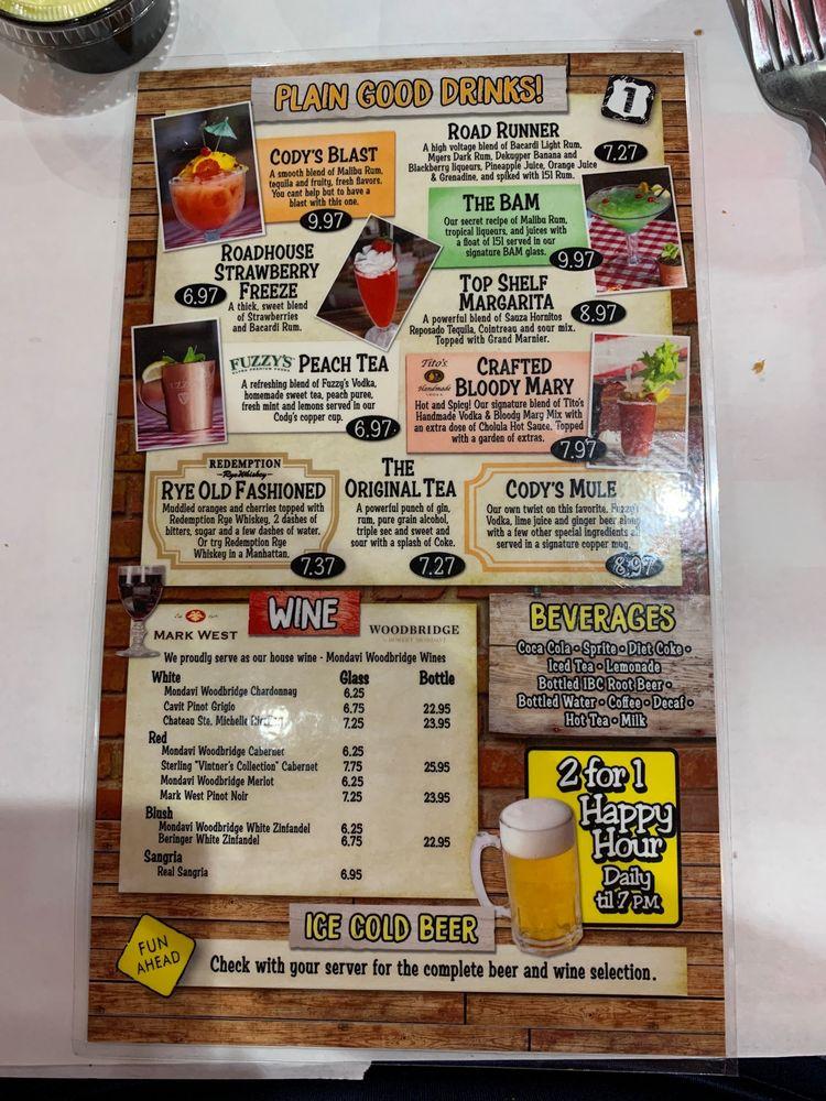 Menu at Cody's Original Roadhouse - Sebring pub & bar, Sebring