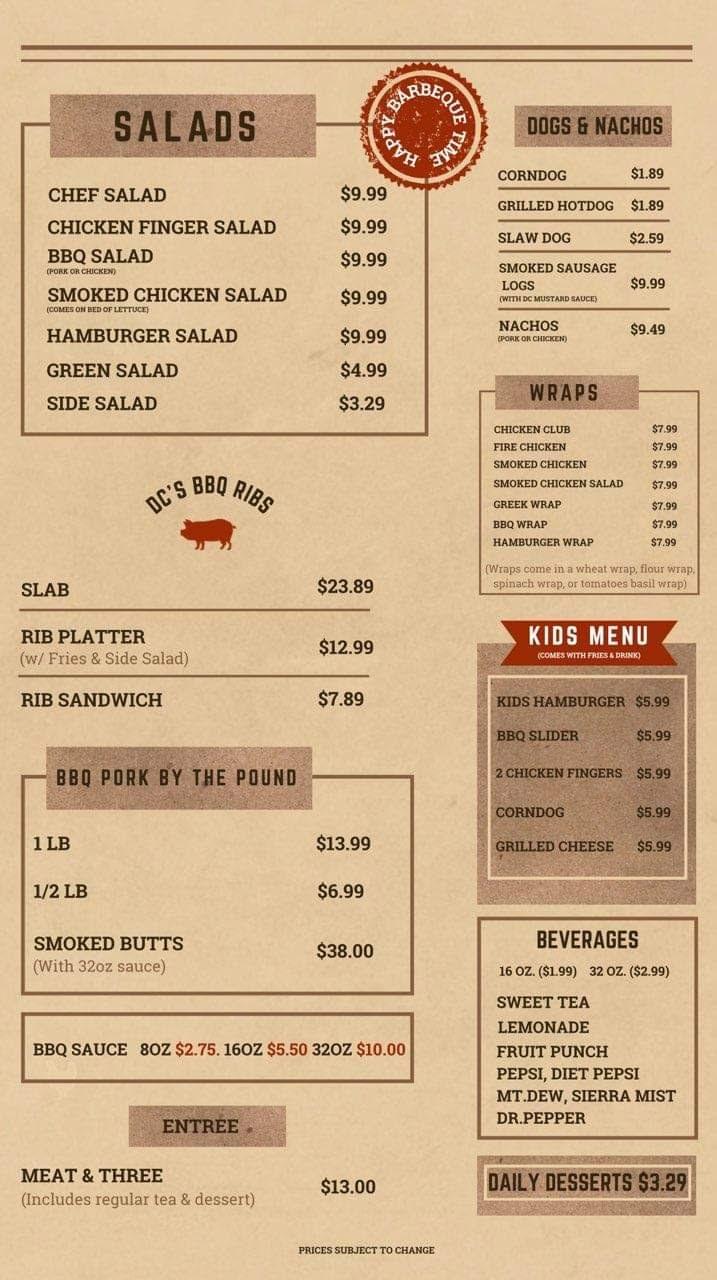 Menu at DC Smokehouse restaurant, Calera
