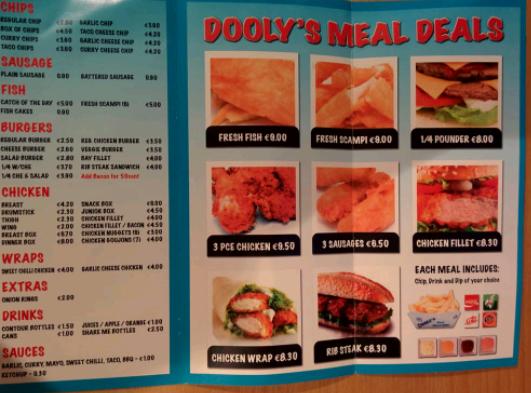 Menu at Doolys Fish & Chips restaurant, Tramore, Strand Rd