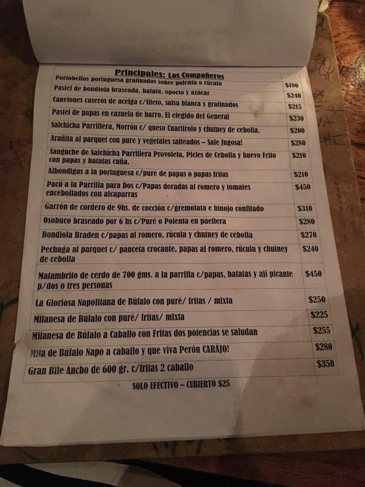 Menu at Perón Perón RestoBar, Buenos Aires