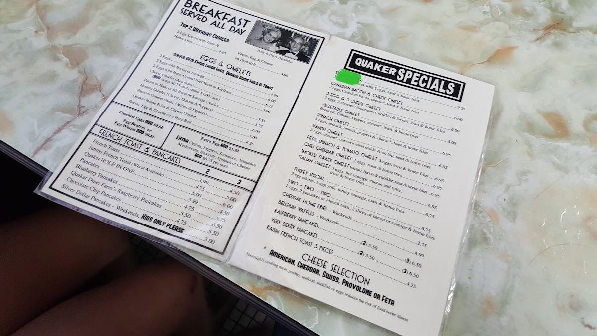 Menu at Quaker Diner restaurant, West Hartford