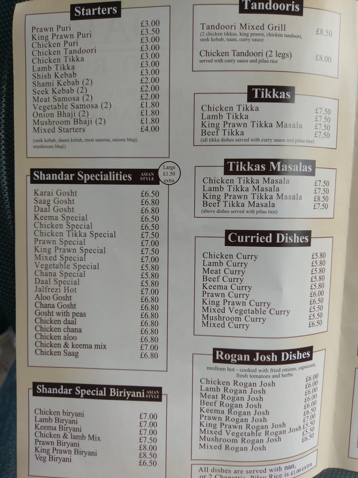 Menu at Shandar Tandoori fast food, Blackburn