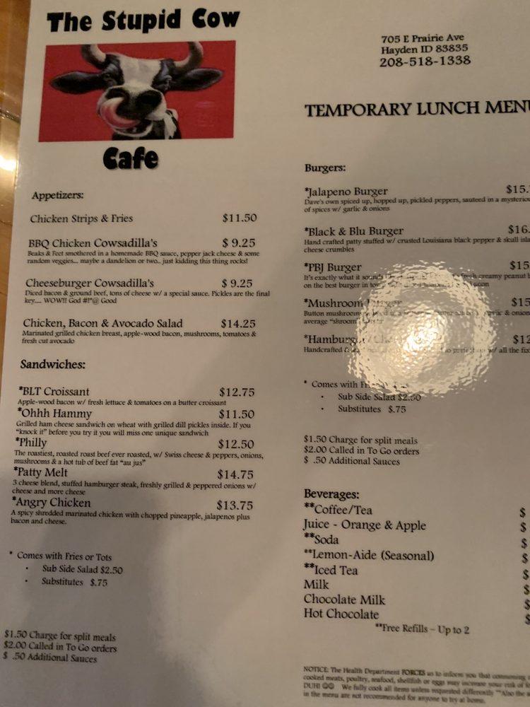 Menu at Stupid cow cafe' Hayden, Hayden
