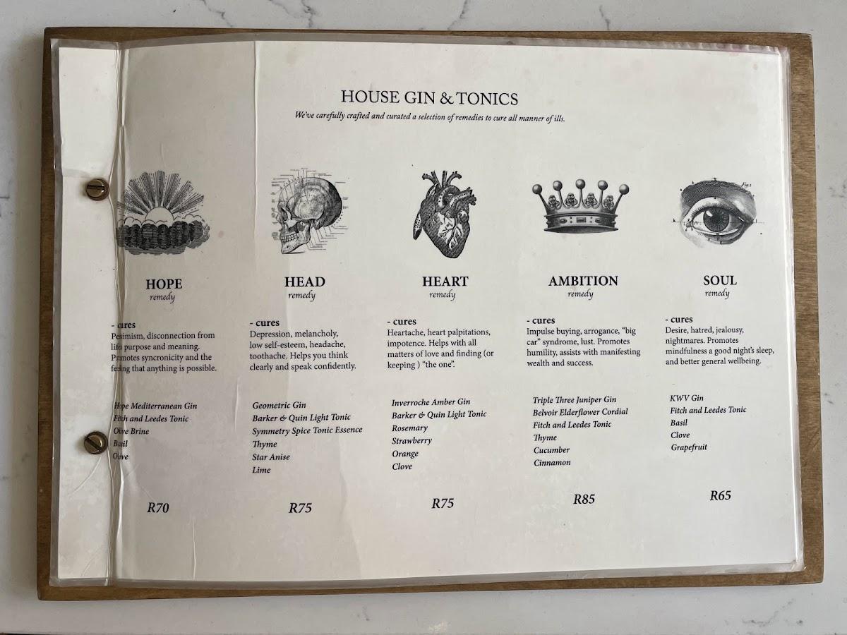 Menu at The Gin Bar, Cape Town, 64A Wale St