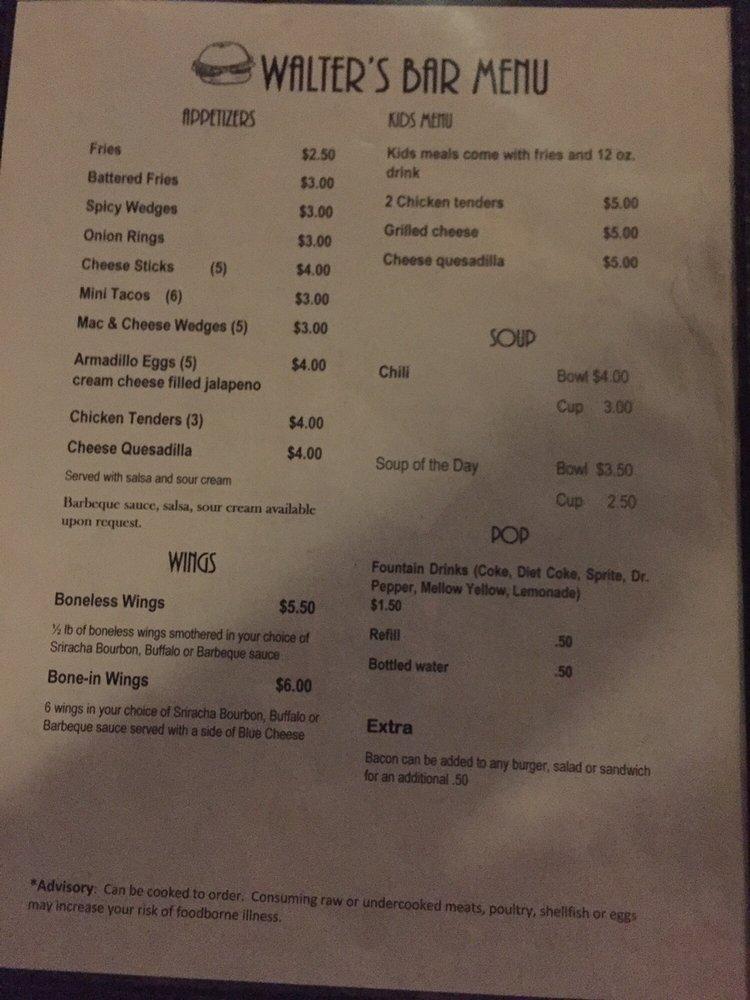 Menu at Walter's Bar, Romulus