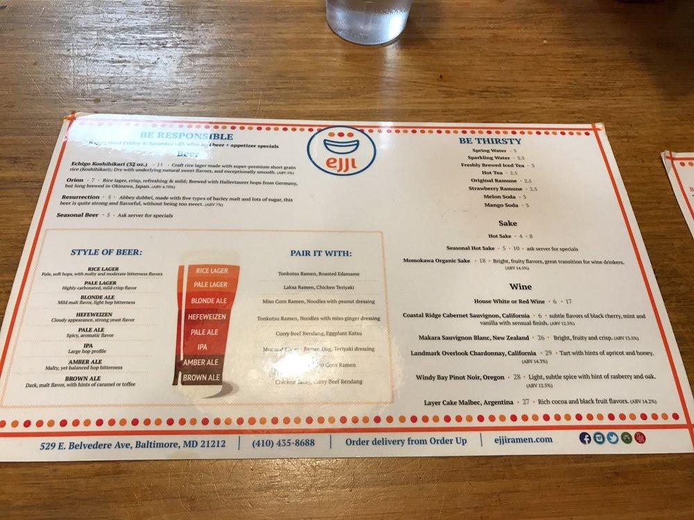 Menu at EJJI Ramen restaurant, Baltimore, 529 E Belvedere Ave