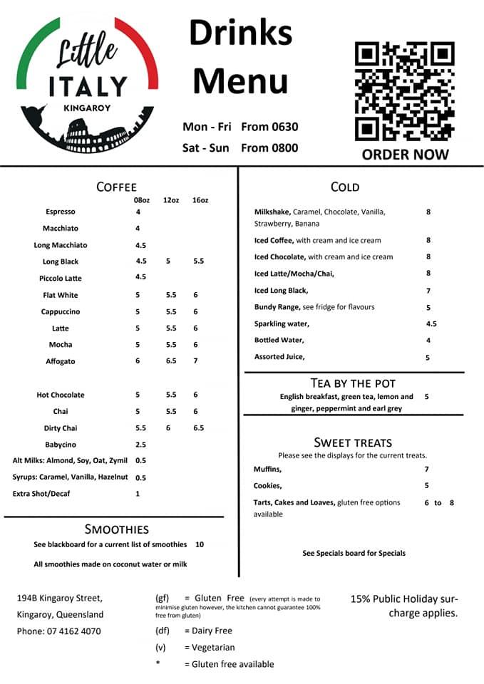 Menu at Little Italy cafe, Kingaroy