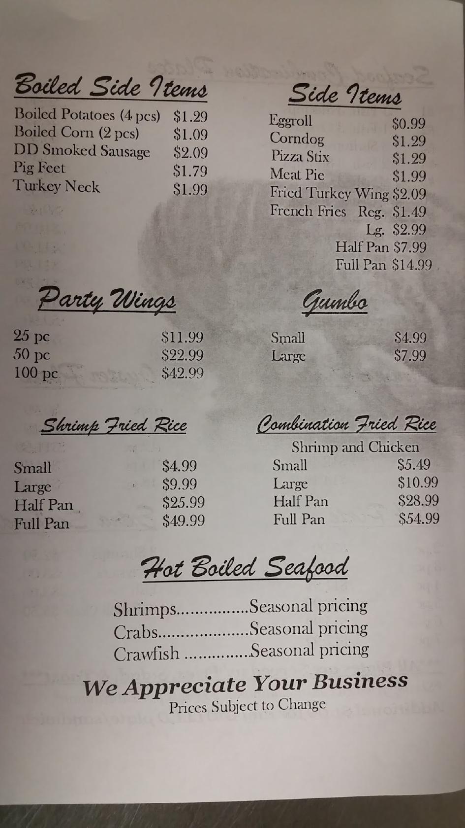 Menu at Louisiana Pride Seafood restaurant, New Orleans