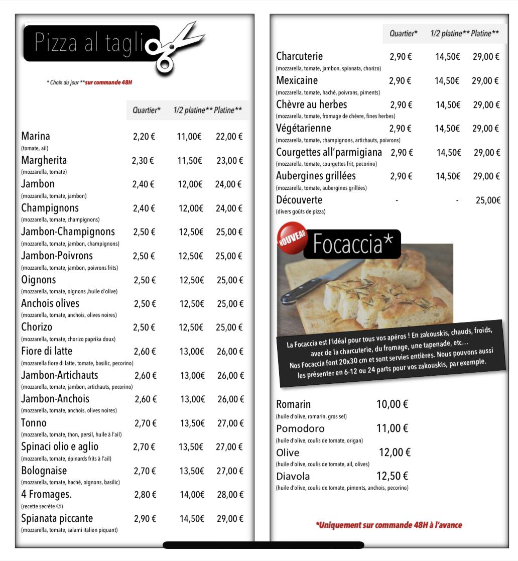 Menu au Meta Meta Pizza & Pasta depuis 1999, Fleurus