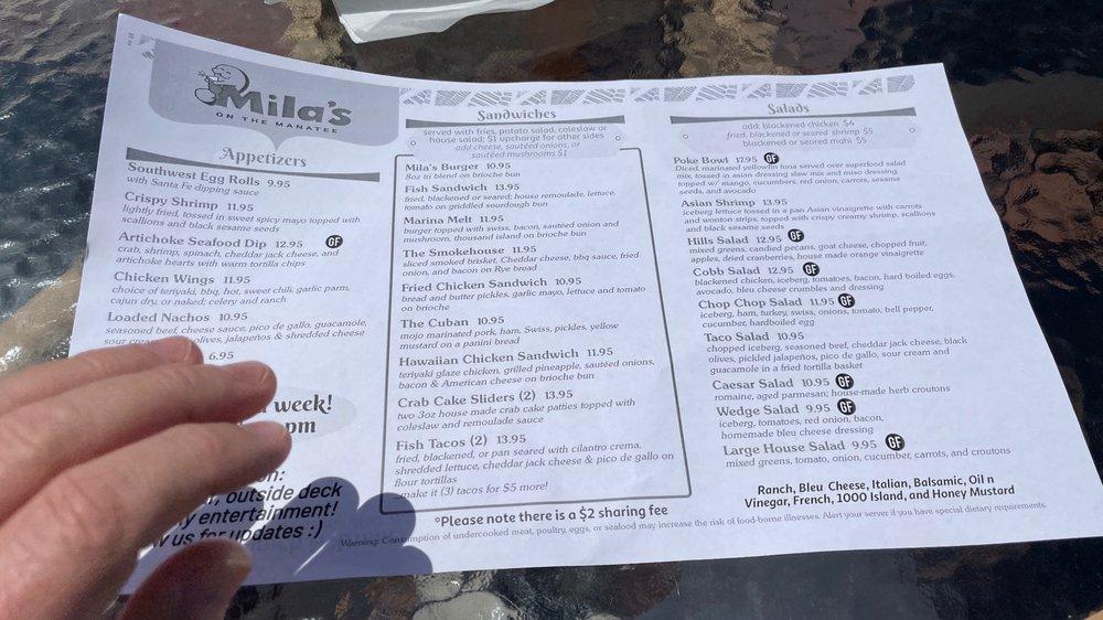 Menu at Mila’s on the Manatee restaurant, Palmetto