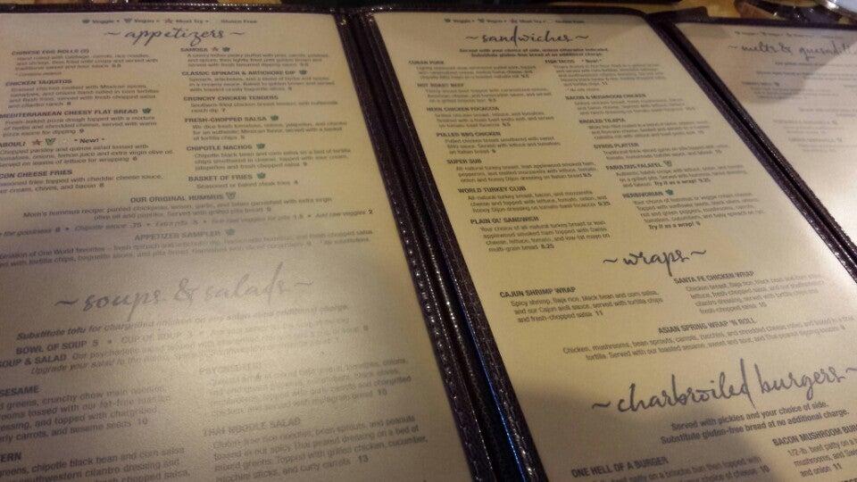 Menu at One World restaurant, Peoria