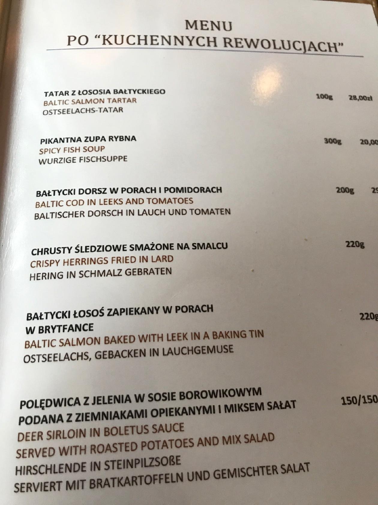 Menu at Tawerna Dominikańska restaurant, Gdańsk